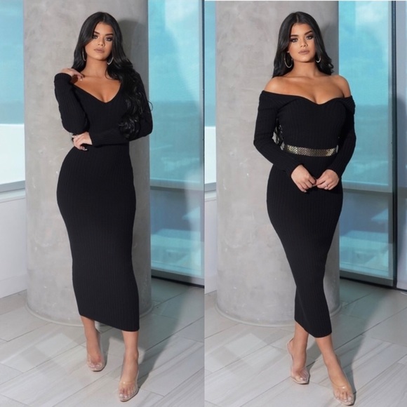 Hera Collection | Dresses | Hera Black Vneck Ribbed Knit Long Sleeve ...
